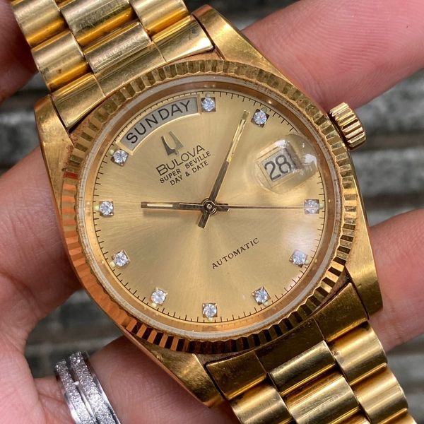 Rare Bulova President Super Seville Day Date Gold Diamond Automatic ...