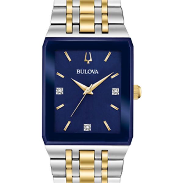 Bulova Men's Quadra Blue Dial Diamond Rectangular Stainless Steel Watch ...