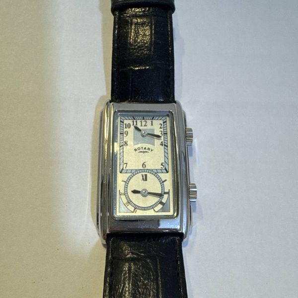 Rotary Watch Dual Time Rectangular Case Black Leather Strap ...