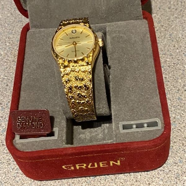 Vintage GRUEN Diamond Precision Quartz Watch Gold Plate Nugget Style ...