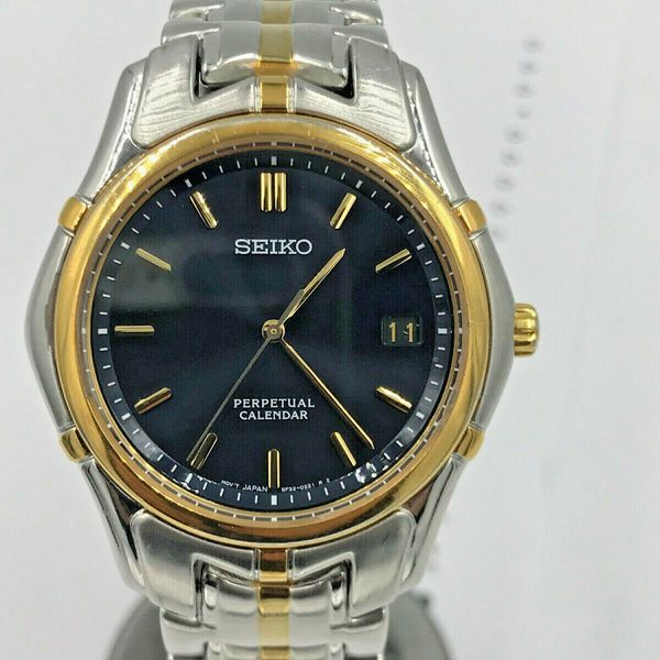 Seiko Watch 8F32-0189 Two Tone Blue dial Perpetual Calendar Working New ...