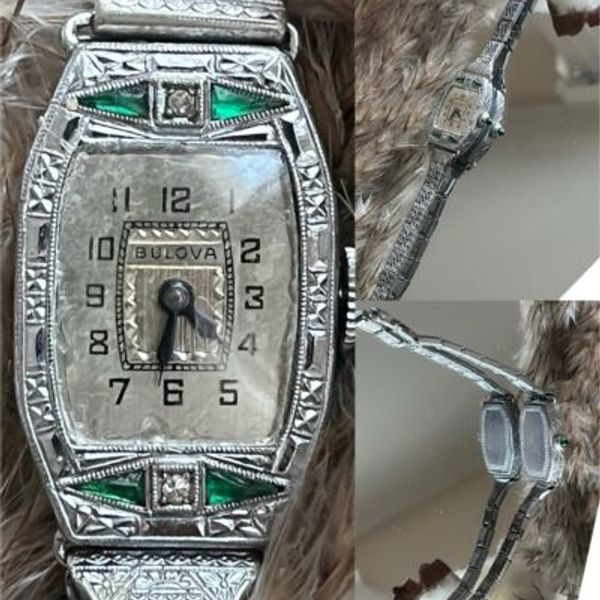 1929 Ladies Art Deco Emerald Diamond Bulova Watch ~Miss America~ Filigree Band | WatchCharts ...