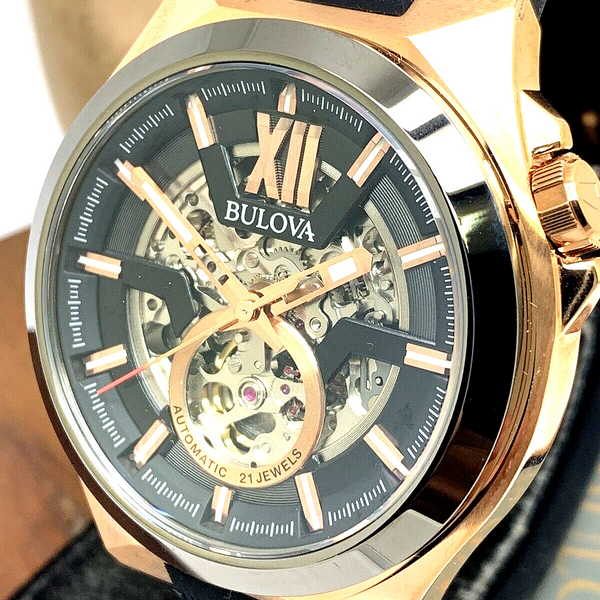 Bulova Men's Watch 98A177 Automatic Skeleton Dial Rose Gold Black ...