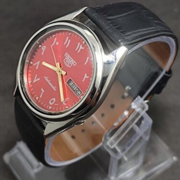 Seiko 5 Automatic RED DIAL DAY DATE Mens wrist Watch Arabic numerals ...
