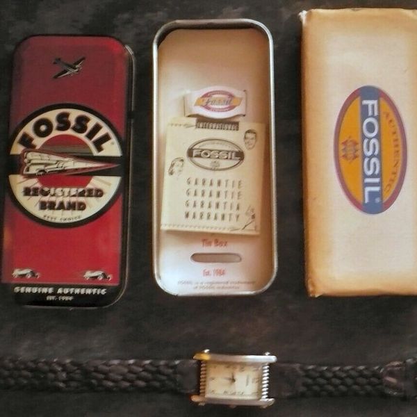 GENTS FOSSIL TANK STYLE WRIST WATCH RUNNING WELL WITH ORIGINAL TIN ETC ...