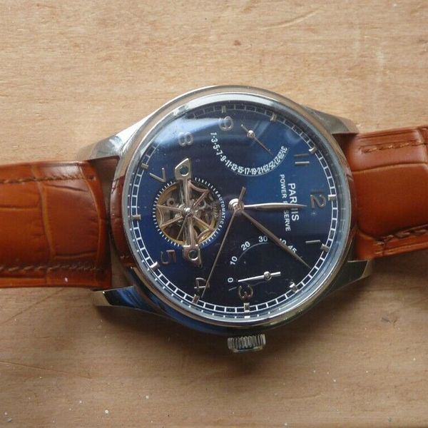 IWC homage styling Parnis 43mm Power Reserve ST Automatic Watch Blue ...