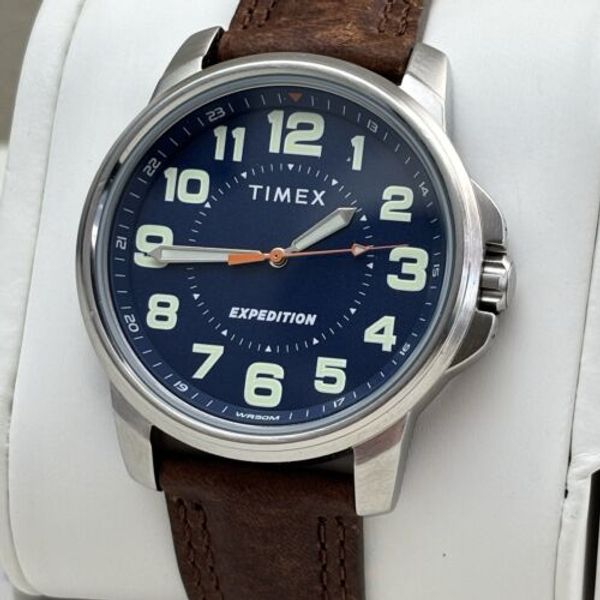 Timex Men's Expedition Metal Field Brown Leather Strap Watch Blue Dial ...