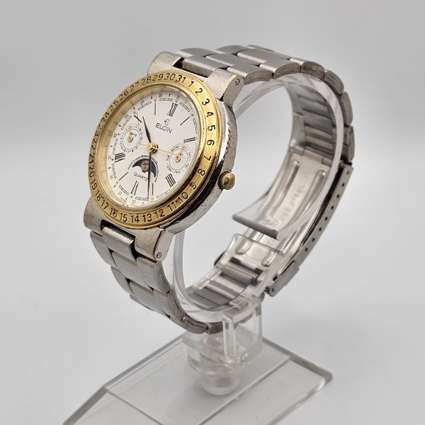 Vintage Rare 90s Elgin Mens WR Moonphase Daydate Silvertone Gold Bezel ...