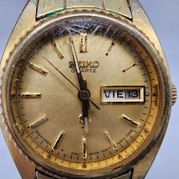 Vintage Seiko SQ Watch Women Gold Tone Gold Dial DayDate 8523-0059 New ...