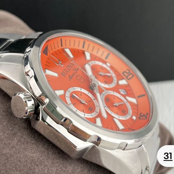 Bulova Menâ s Watch Marine Star Chronograph Orange Dial Stainless Steel ...