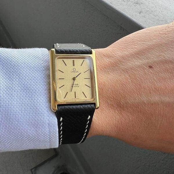 Omega tank deville quartz watch rectangular men's analog gold leather ...