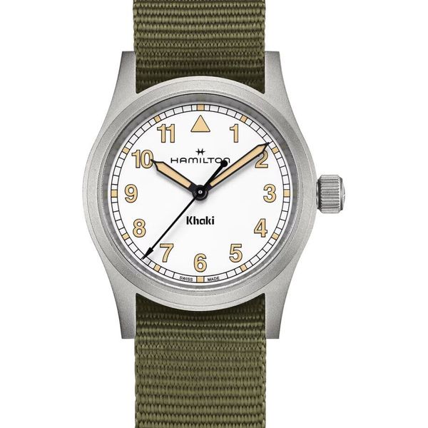 Hamilton Khaki Field Quartz 38 mm White Dial Green Strap Watch ...