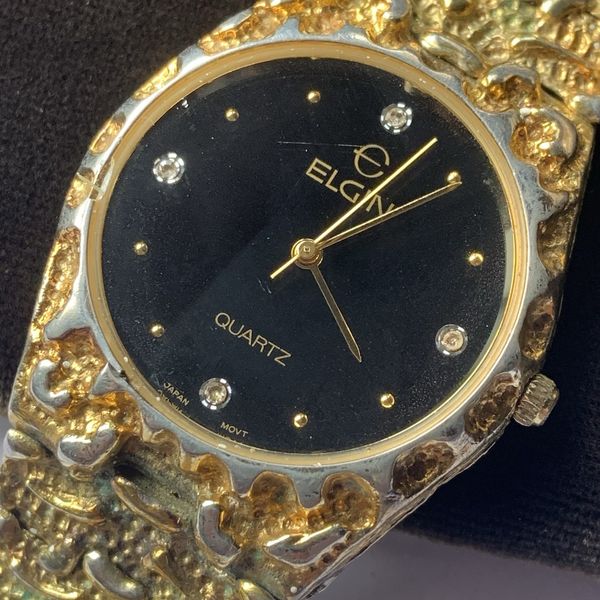 Vintage Elgin Quartz Watch Gold Tone Nugget Band Black Dial for Parts ...