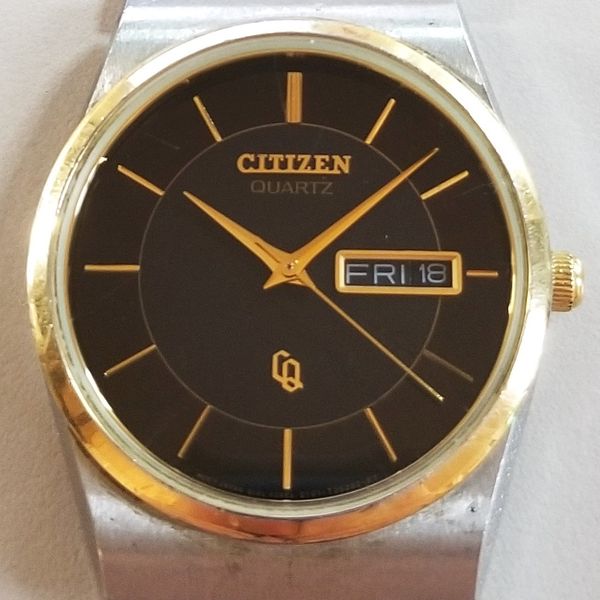 CITIZEN JAPAN VINTAGE BLACK DIAL 34MM WIDE 2 TONE ST STEEL QUARTZ MEN ...