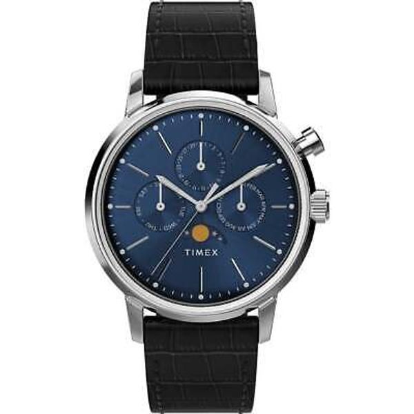 Mens Wristwatch TIMEX MARLIN MOON PHASE TW2W51200 Leather Black Blue ...