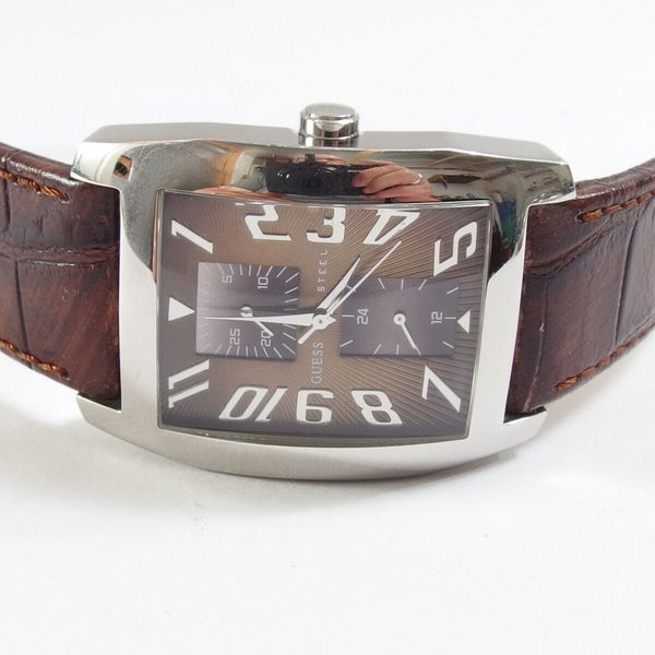 Guess Men's Quartz Analog Watch Rectangle Dark Gold Dial Leather Band ...