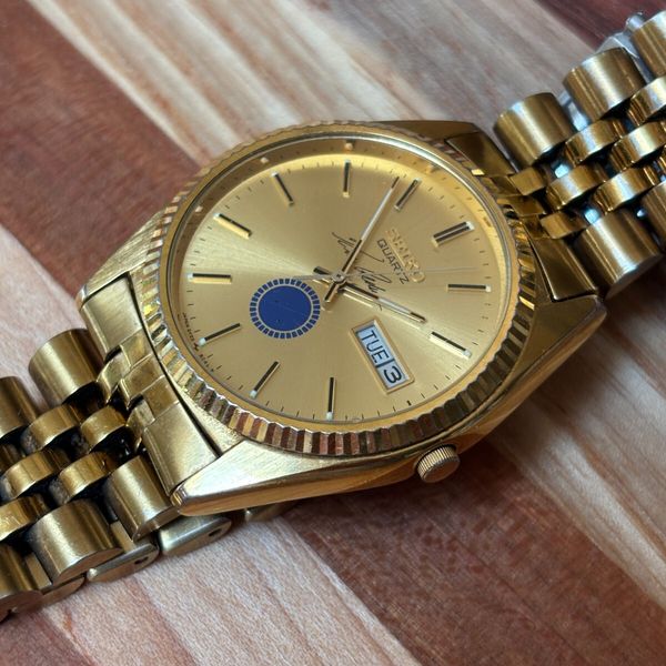 Seiko SQ President Logo Watch Men 36mm Gold Dial Gold Tone Day Date 5Y23-8A69 | WatchCharts ...