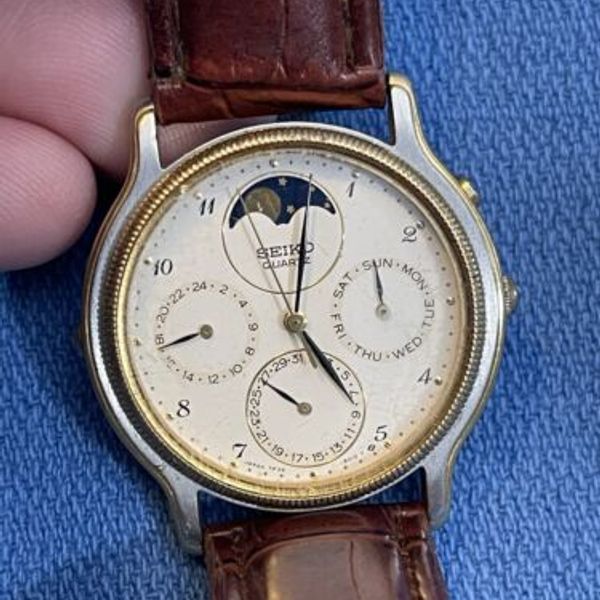 Vintage Moon Phase Seiko Quartz Works Lot Issues Repair 34mm Watch ...