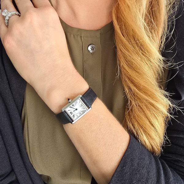 Small Cartier Tank Must Stainless Steel Watch 4322 on Black Leather ...