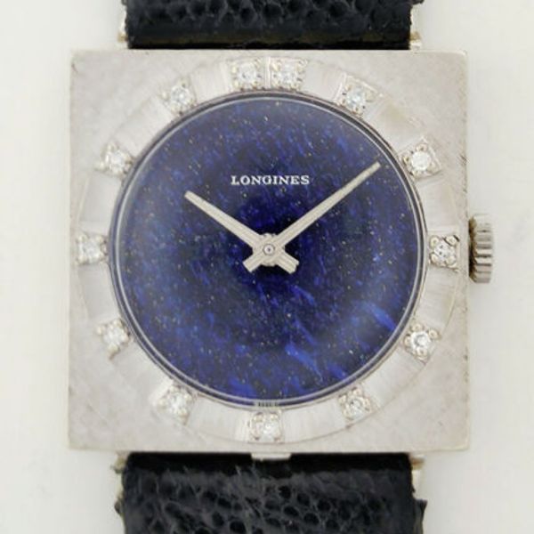 Vintage Longines 14k White Gold Diamond Bezel Lapis Lazuli Dial Mens ...