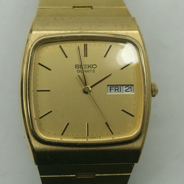 Men's Seiko 6533-5040 Gold Tone Wrist Watch W Day/Date New Battery ...