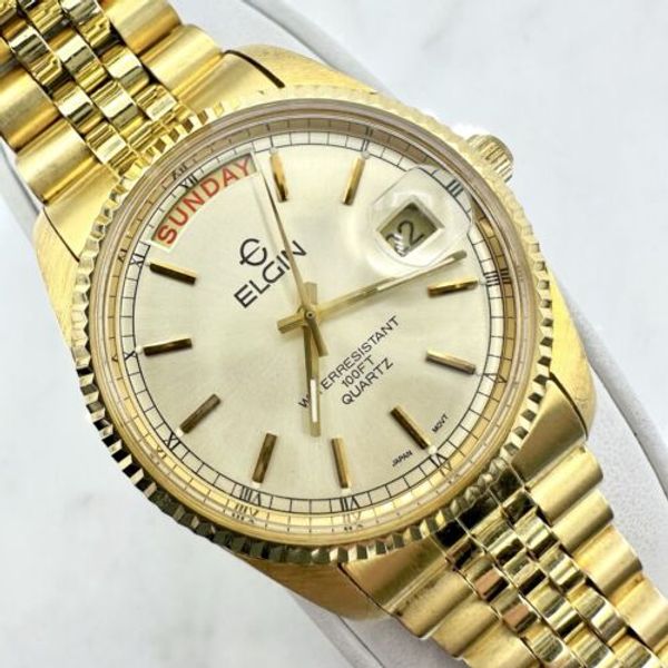 Men's Watch ELGIN "President" Gold Tone Day / Date FC400, New Battery ...