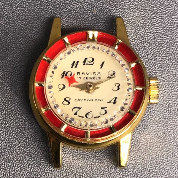 Vintage Ravisa Watch Case Womens Gold Tone Hand Wind Rotating Crystal ...