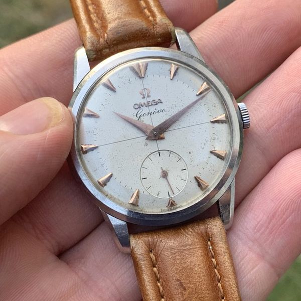 SOLD 1956 SS & rose gold, Omega Geneve 2903 cross hair dial & sunken ...