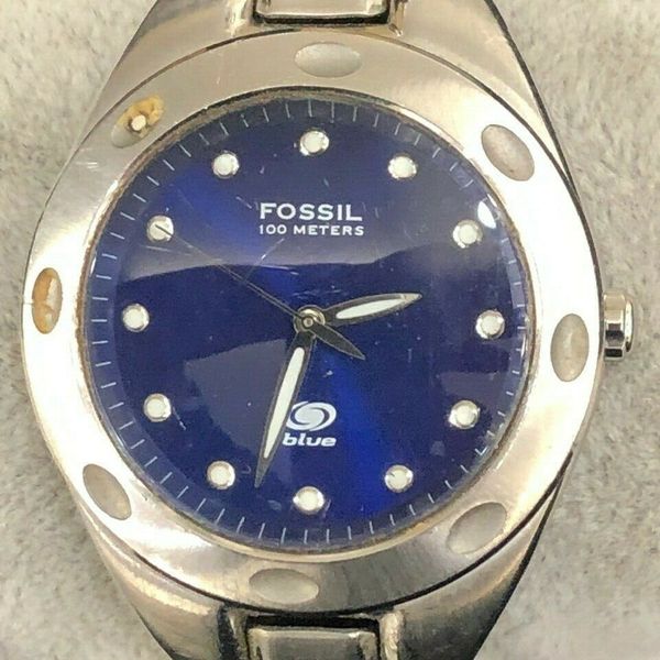 Ladies FOSSIL Blue Steel AM-3349 100 M Silver Tone Watch New Battery ...