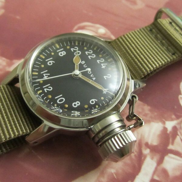WW2 BULOVA MILITARY 24 HOUR WATCH WITH USN BUSHIPS CANTEEN CASE ...