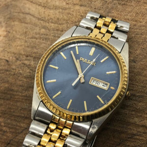 Mens Vintage Pulsar Quartz Watch Day Date V733-X066 Blue Dial Seiko ...
