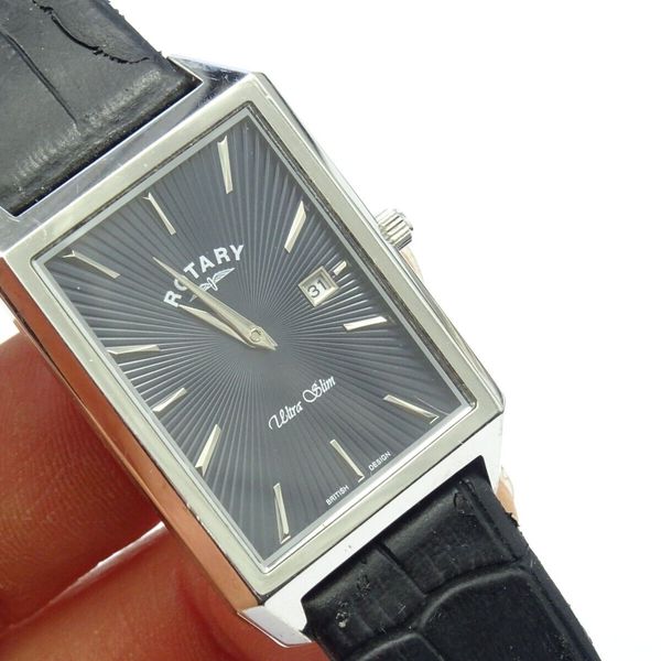 ROTARY Ultra Slim Men's Rectangle Black Dial Leather Wristwatch ...