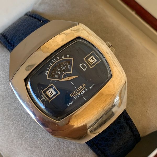 Sicura Jump Hour Watch deep blue dial Swiss Men's Space age 38mm 1970's ...