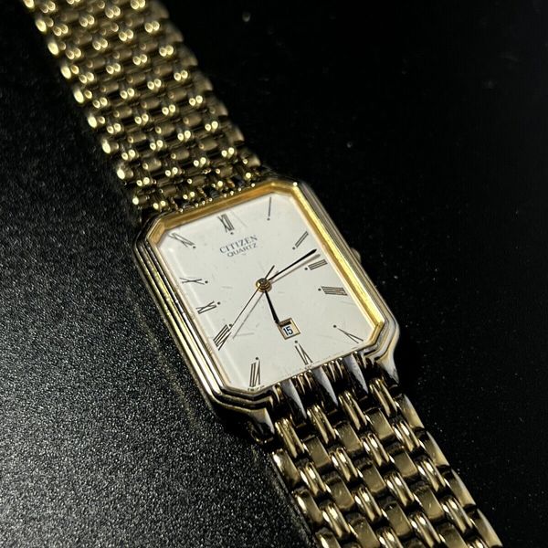 RARE! 1987 Citizen Tank Roman Numerals Date Gold Tone Men's Watch ...