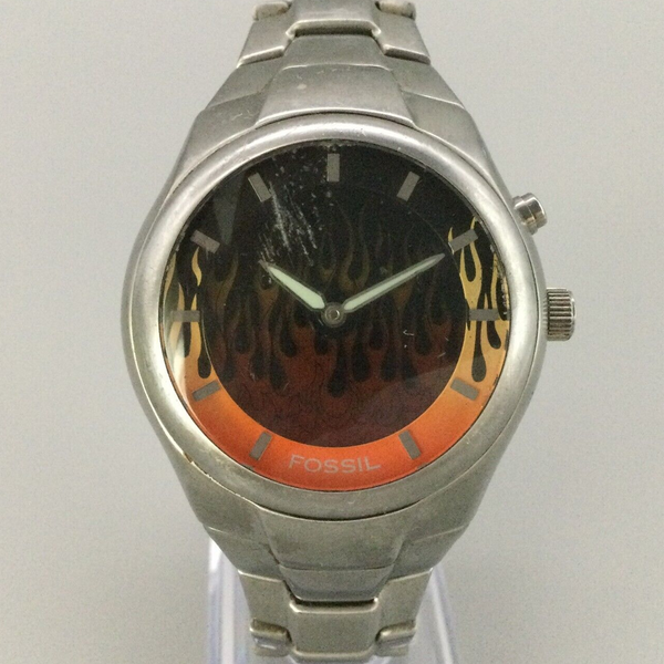Fossil Big Tic Watch Men Silver Tone Flame Animation JR-8115 New Battery 7.25" | WatchCharts ...