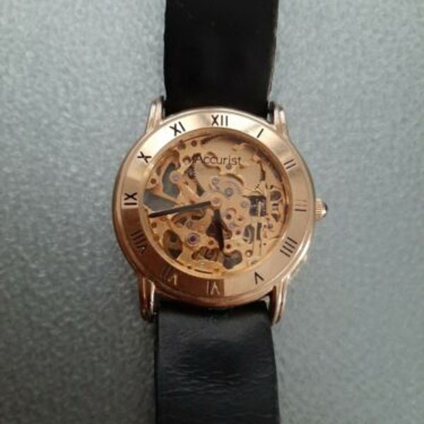 VINTAGE MENS ACCURIST SKELETON WATCH. WORKING. GOLD TONE CASE. LEATHER ...
