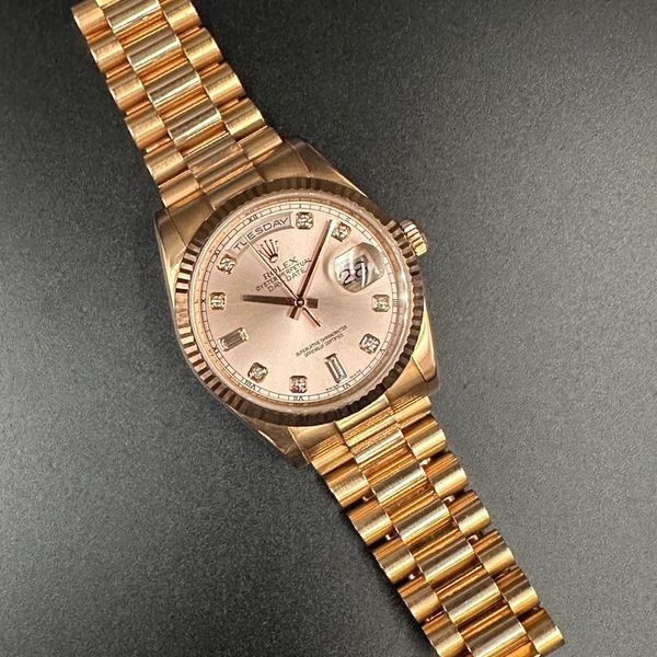Rolex 118235 Day-Date Rose Gold Baguette Diamond Dial | WatchCharts ...