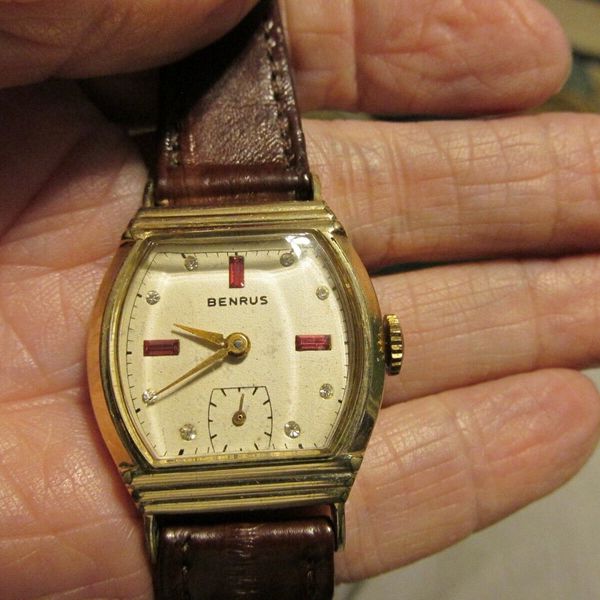 Vintage 1940s BENRUS Mens Square Case DIAMOND/RUBY Dial Watch RUNNING ...