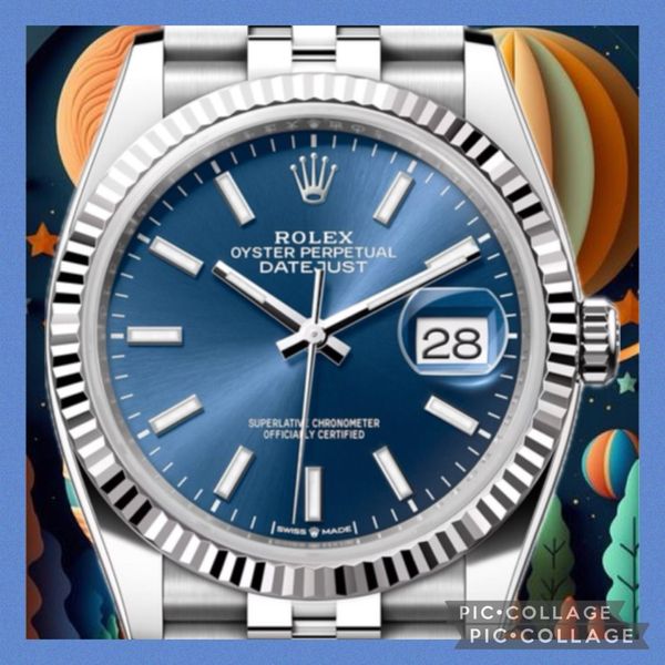 Rolex 01/24 36mm bright blue index dial white gold fluted bezel jubilee ...