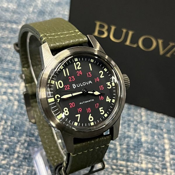 Bulova Hack 98A255 Automatic 38MM Black Dial Leather Strap Men's Watch ...