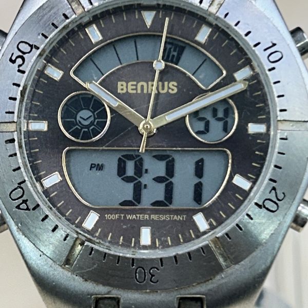Benrus BNW746 Digital/Analog Alarm Mens Quartz Watch Silver Tone - Runs ...