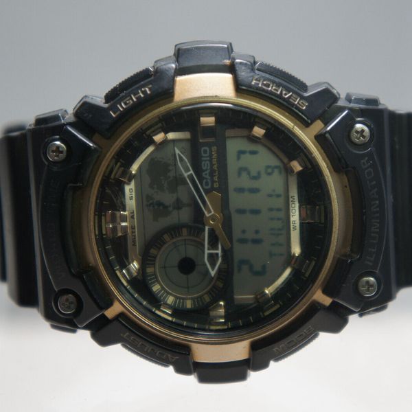 CASIO 5472 AEQ 200W Black Resin GOLD Bezel WORLD TIME Mens Resin Strap ...