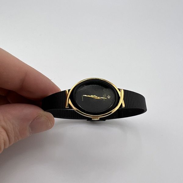 Vintage Ladies Timex Fashion Quartz Watch Flat Black & Gold Diamond ...