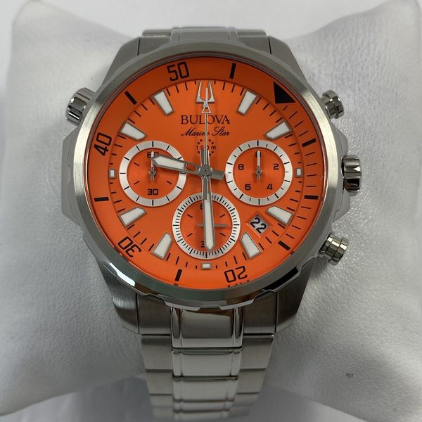 Bulova Marine Star Chrono Quartz Orange Dial Stainless Steel Men's ...