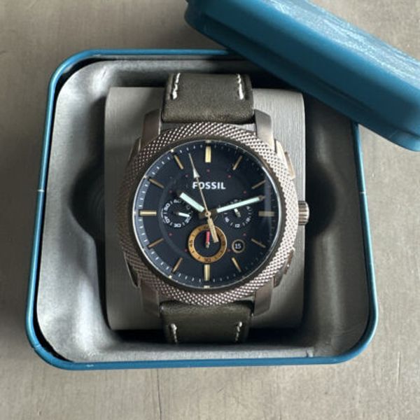 Fossil Machine Chronograph Black Dial Green Leather Men's Quartz Watch ...