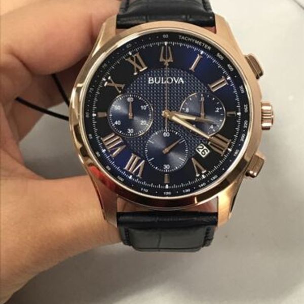 BULOVA Classic Chronograph Blue Dial Leather Men's Watch - 97B170 MSRP ...