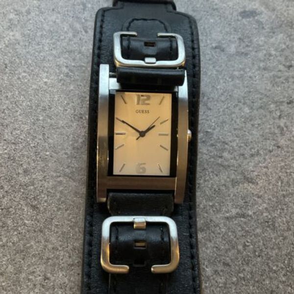 Guess Mens 32mm Stainless Steel Tank Style Watch W/Black Leather Cuff ...