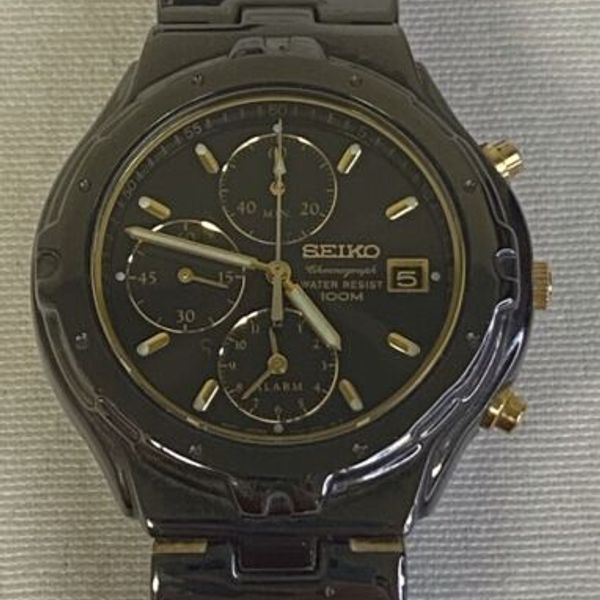 Seiko Mens Chronograph Black/Gold Tone Watch 7T62-0CE0 Stainless Steel ...