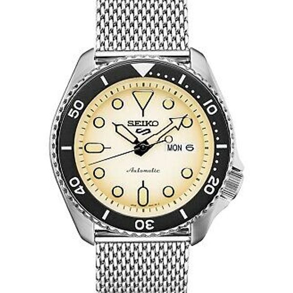 Seiko 5 Sports Automatic Cream Dial Stainless Steel Mesh Band Men's ...