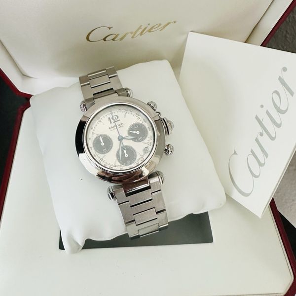 Stainless Cartier Pasha Chronograph 35mm Panda Dial Ref 2412 With Box ...
